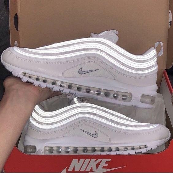 ♞NK AIR MAX 97รองเท้าสะท้อนแสงสีขาวสามแถบสีขาว3แถบสะท้อนแสง #177 nb ...