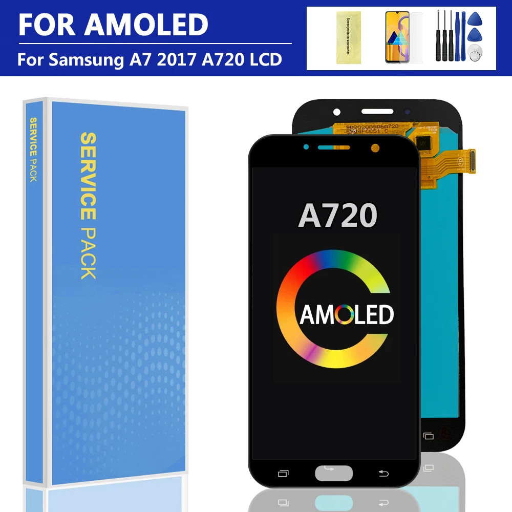 AMOLED LCD สำหรับ Samsung A7 A720 2017 A720f Sm-A720f แอลซีดีอะไหล่ประกอบดิจิไทเซอร์หน้าจอสัมผัส ...