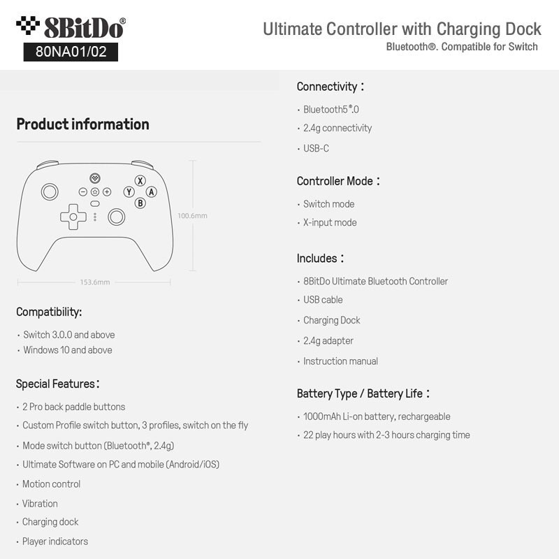 8Bitdo 80NA 8BitDo Ultimate Bluetooth & 2.4g Controller with Charging ...
