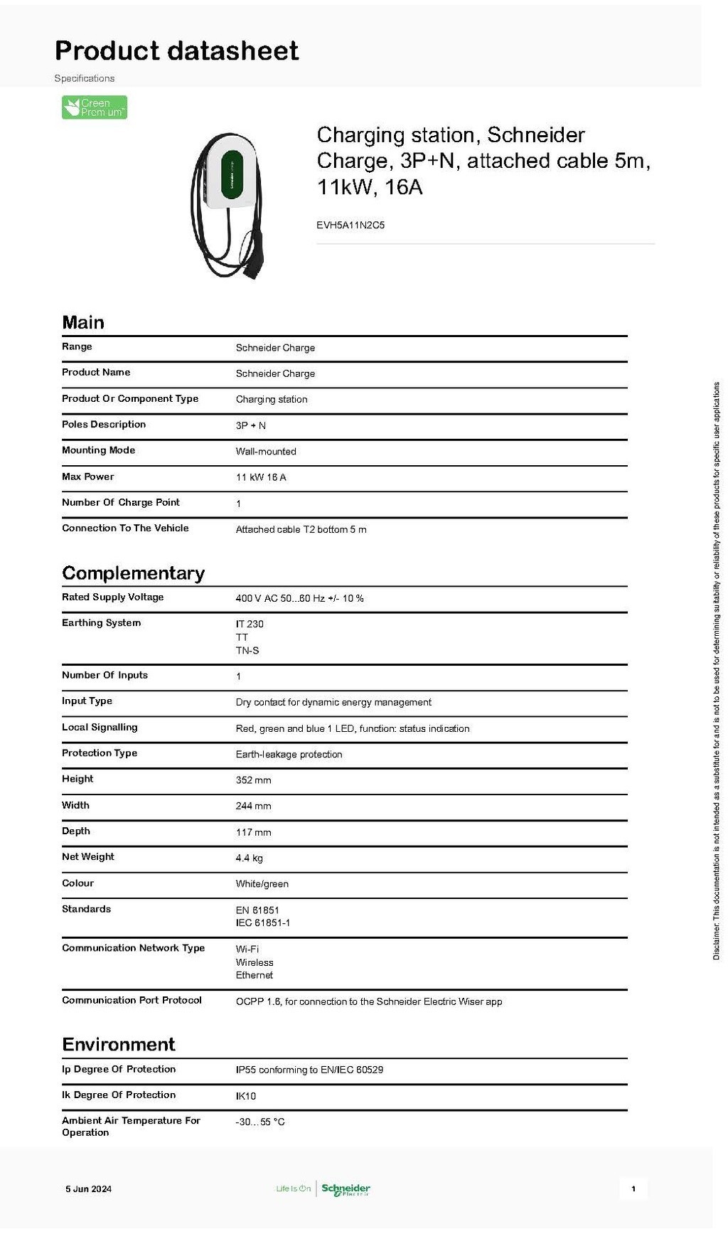 Schneider เครื่องชาร์จรถยนต์ไฟฟ้า Charging Station3P+N, สายยาว 5 m ...