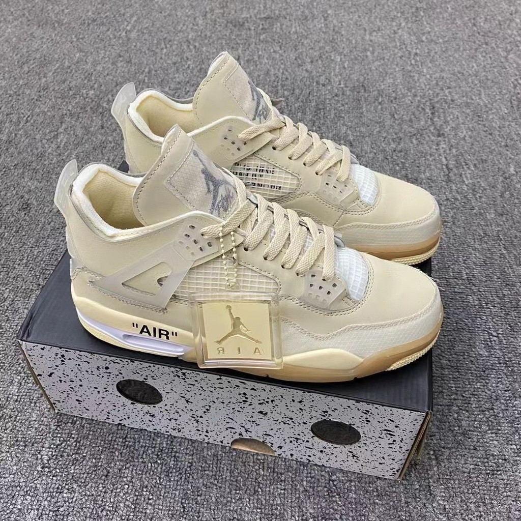 ** 100% Ori * Nike Air Jordan 4 Joint OW พัดลมสีขาว Mid-Top รองเท้า ...