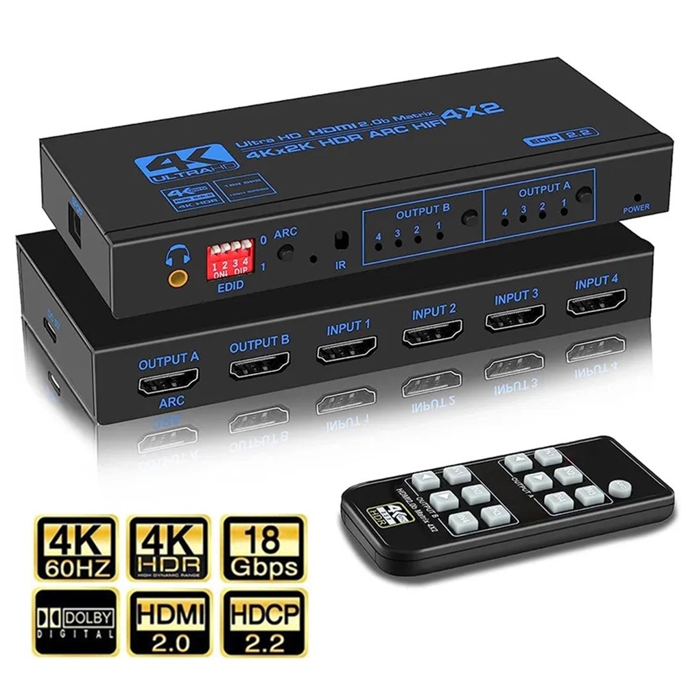 ในสต็อก 4 In 2 Out HDMI Matrix Splitter Switcher พร้อม Optical ARC HDCP ...