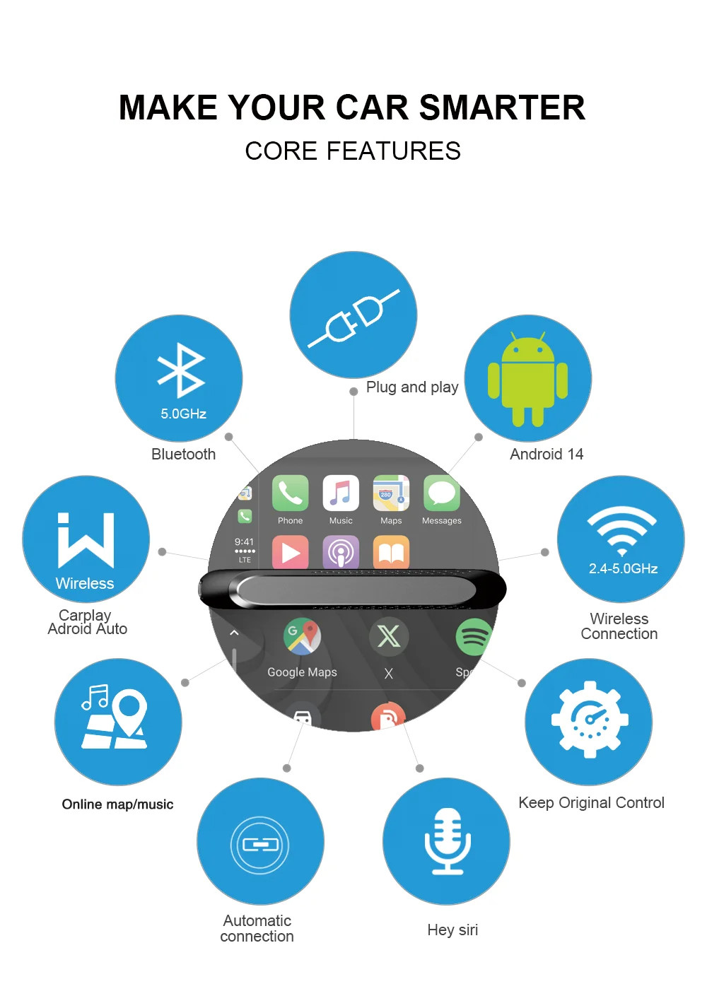 XUDA Android14 Wireless CarPlay/Android Auto 3in1quad core 4+64GB smart ...