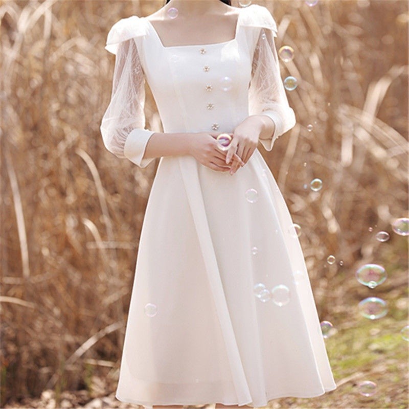 Korean French White Civil Wedding Prenup Graduation Party Formal Dress ...