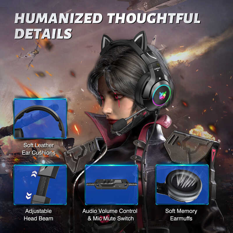 ONIKUMA K9 Pink Cat Ear Cut Headset Mic And Noise Cancellation ...
