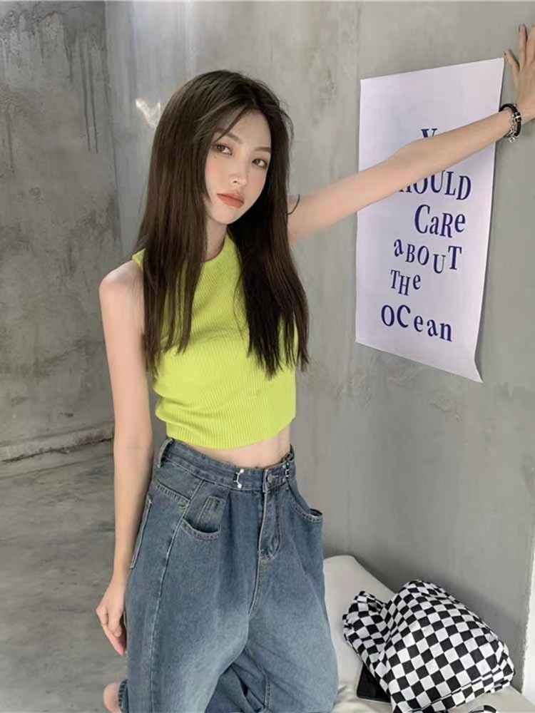 【WANG JIAO ZHAN】เสื้อสายเดี่ยวแขนกุด ผ้าถัก ลาย Dopamine สไตล์ฝรั่งเศส ...