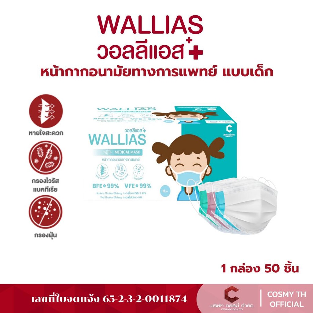 [แบบ เซ็ต 5 กล่อง] วอลลีแอส wallias หน้ากากอนามัยเเบบเด็ก แมส หนา 3 ชั้น แบบใช้แล้วทิ้ง | Shopee ...