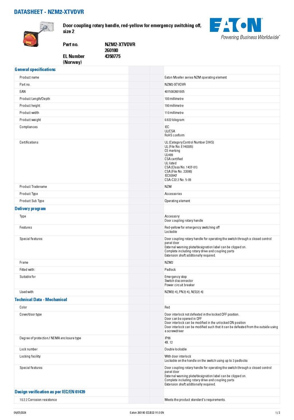 EATON Handle Door Coupling Rotary Handle Red-Yellow for Emergency ...