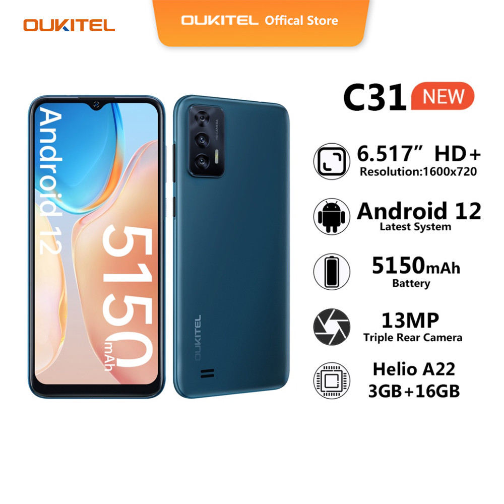 ในสต็อก OUKITEL C31 Handphone (6.517" HD+/Android 12/3GB RAM/16GB ROM/5150mAh/MT6761/13MP Triple ...
