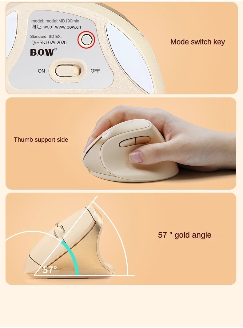 Bow MD190 เมาส์แนวตั้งขนาดเล็ก Dual Mode 2.4g แล็ปท็อปบลูทูธไร้สายแบบพกพาเงียบ Universal ...