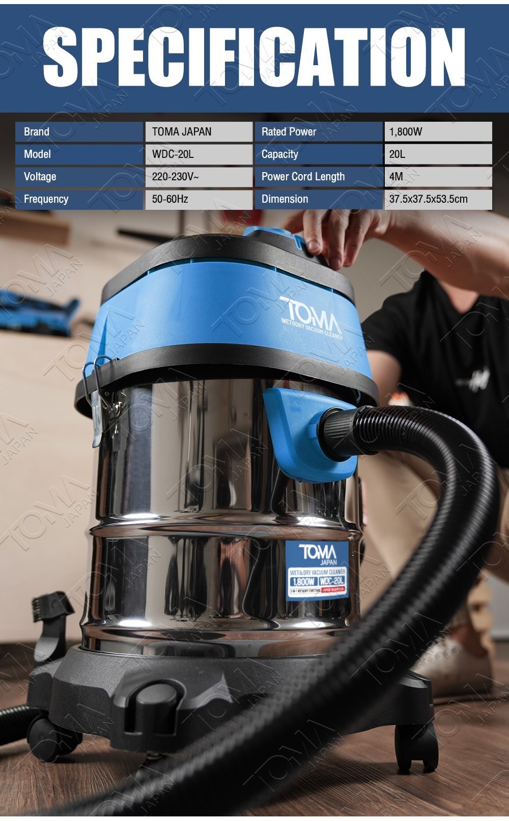 TOMA JAPAN เครื่องดูดฝุ่น 20 ลิตร 1,800 วัตต์ Wet & Dry Vacuum Cleaner ...