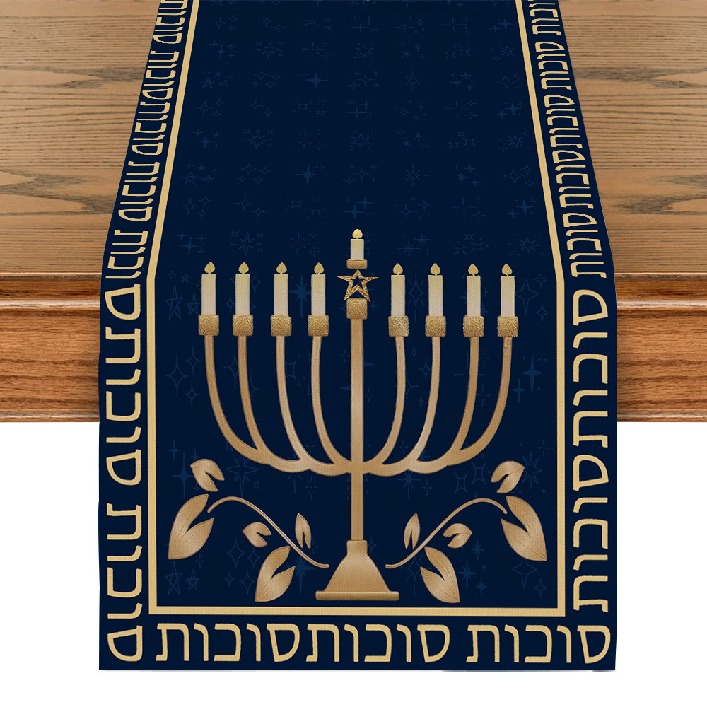 Hanukah ผ้าลินินตาราง Runner Party ตารางตกแต่ง Menorah Star of David ...