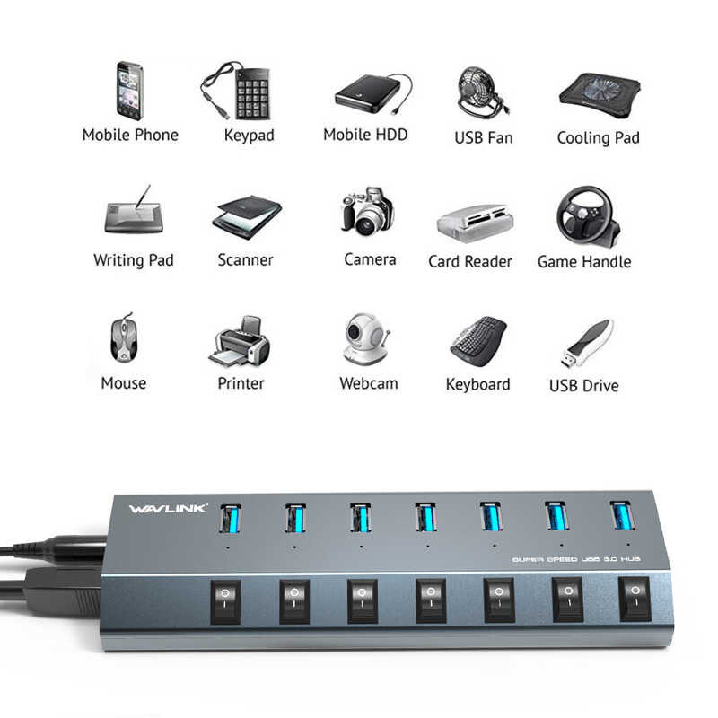 USB Wavlink 7-Port 3.0 Superspeed Hub 48W Power Adapter, Support ...