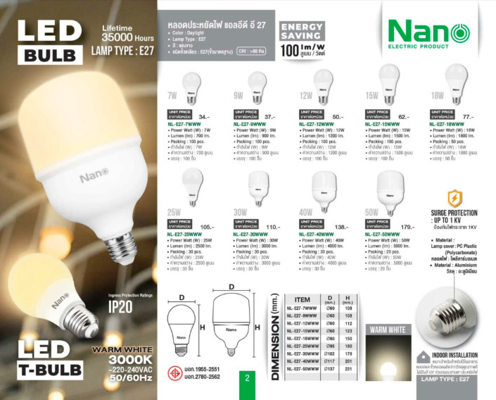 NANO 5แถมRTS1 หลอดไฟ LED 30/40/50w ขั้ว E27 หลอดไฟ แอลอีดี นาโน หลอดประหยัดไฟ T-Bulb หลอดทรง ...