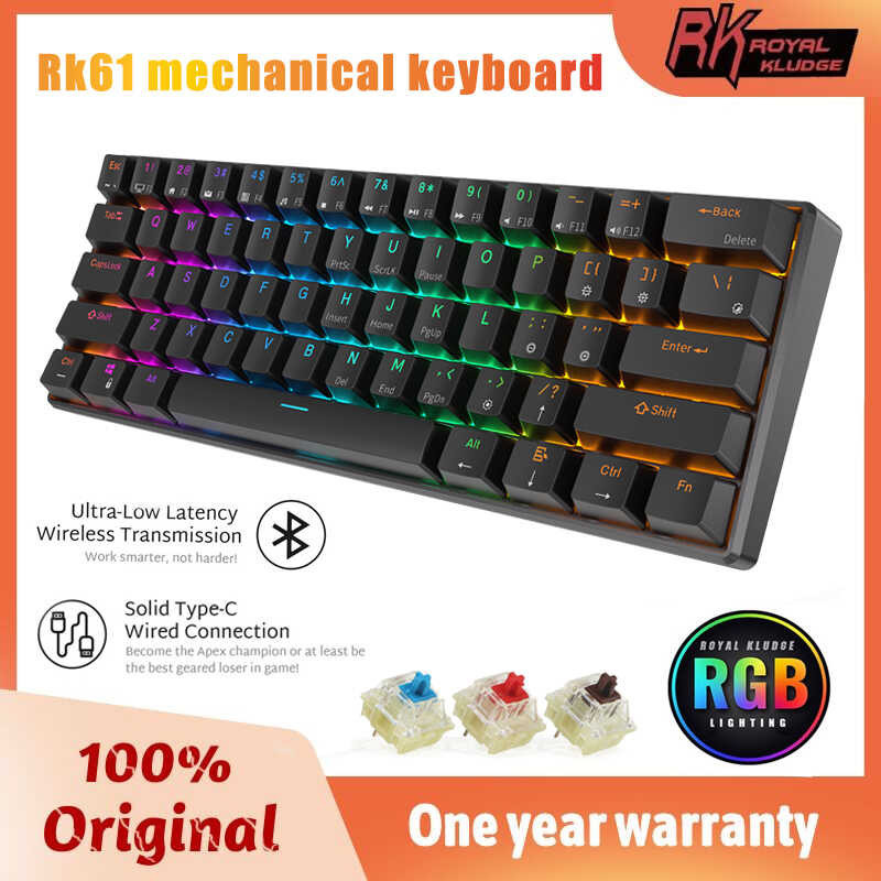 RK61 Royal Kludge Hot Swappable Bluetooth 3.0 & USB C Dual Mode 60% Mechanical Gaming Keyboard ...