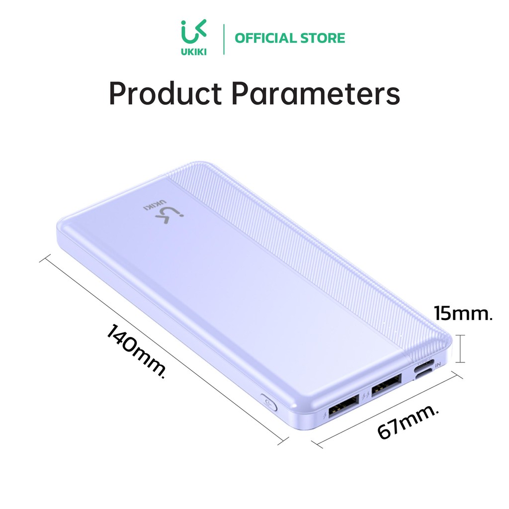 UKIKI พาวเวอร์แบงค์ 10000mAh ชาร์จเร็ว 2.1A บางเบา จ่ายไฟ 2 พอร์ต USB ...