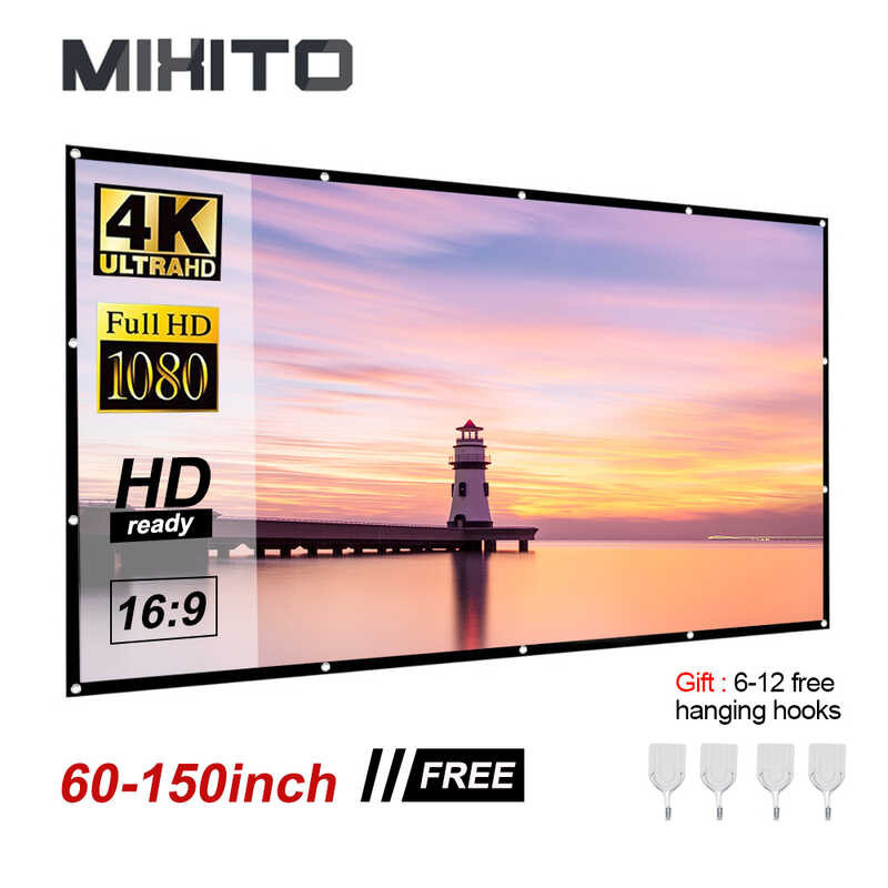 MIXITO 16: 9 หน้าจอโปรเจคเตอร์ 60 72 84 92 120 150 นิ้วสมาร์ทโฮมกลา ...