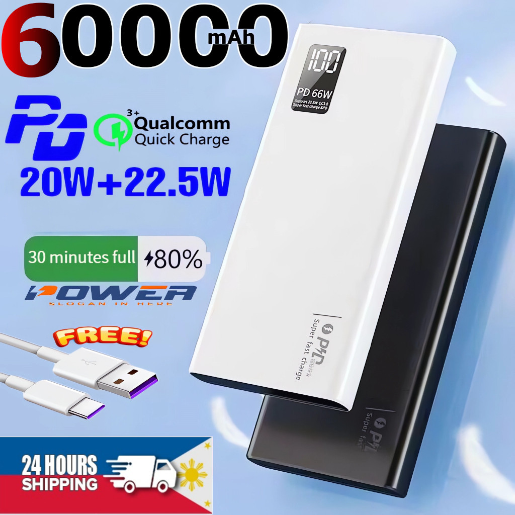 Power Bank 60000mAh Super Fast Charge Powerbank USB Type C PD Qucik Charge3.0 ภายนอกแบตเตอรี่ ...