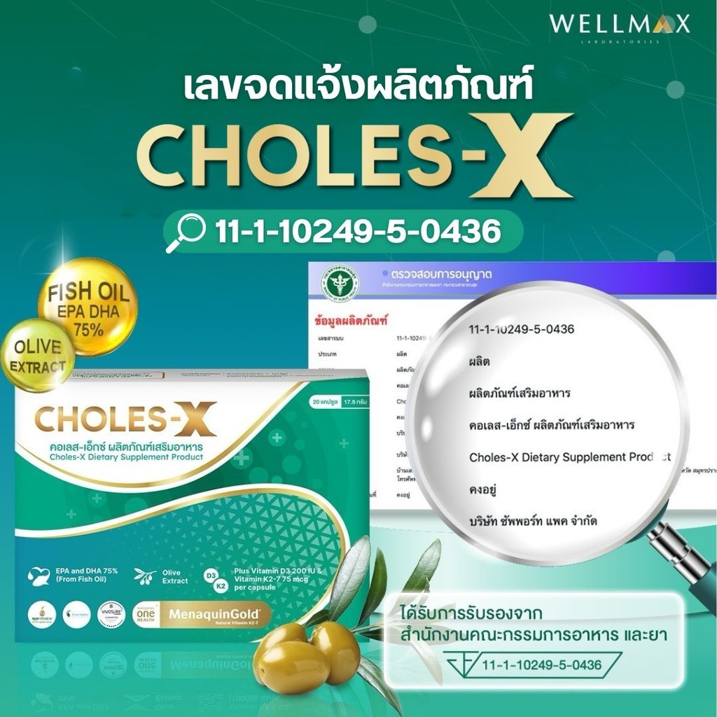 CHOLES-X คอเลส เอ็กซ์ ผลิตภัณฑ์เสริมอาหาร สารสกัดจาก Olive VitaminK2-7 ...