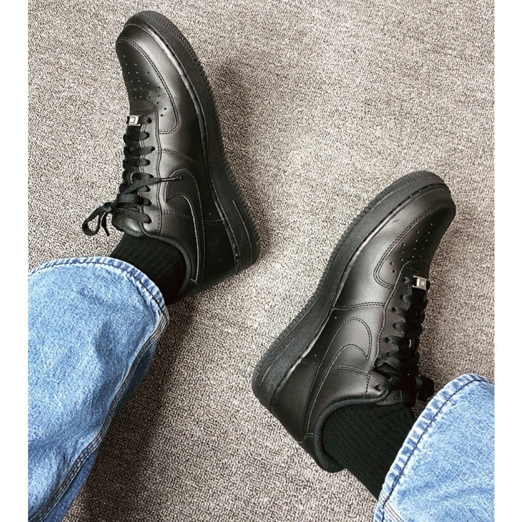 Official Authentic】Nike Air Force 1 สีดำล้วน สีขาวล้วน หนังเรียบ สีดำ ...