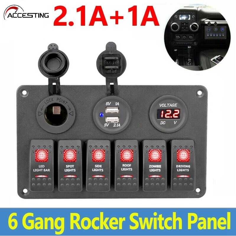 6 Gang Rocker Control Switch Panel Fuse 3.1A Dual USB Socket Overload ...