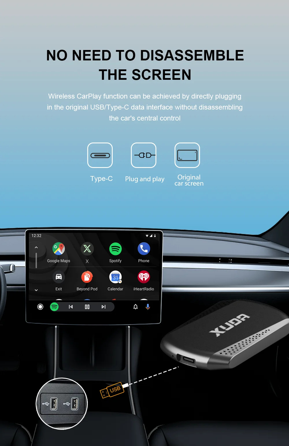 XUDA Android14 Wireless CarPlay/Android Auto 3in1quad core 4+64GB smart ...