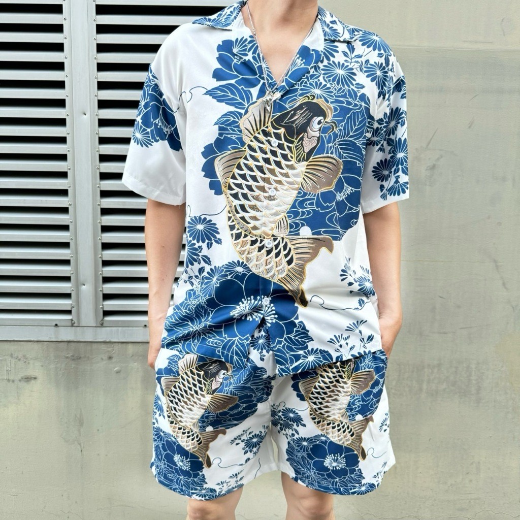 [juxian]ชุดเช็ตฮาวาย ไหมอิตาลี ลื่นใส่สบาย ลายปลาคร๊าฟ ลายมังกร แมว ...