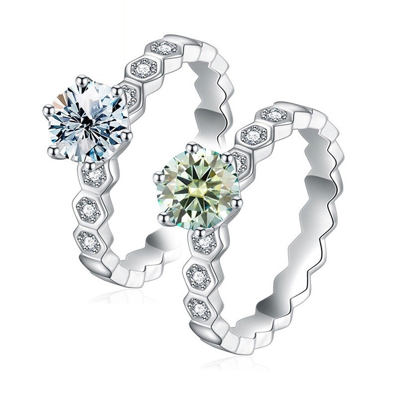 แหวนเงินแท้ เกรด S925 1ct 2ct ทรงรังผึ้ง หกง่าม สีขาว สีฟ้า เขียว พร้อมได้รับการรับรองจาก GRA ...