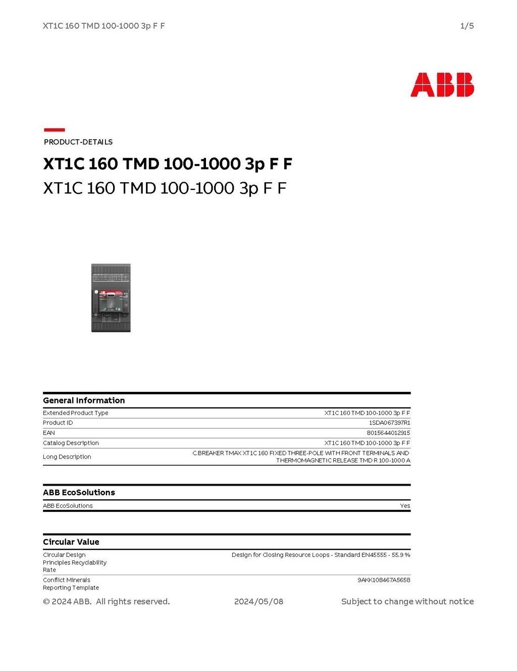 ABB : Moulded Case Circuit Breaker XT1C 160 TMD 100-1000 A 3p F F ...