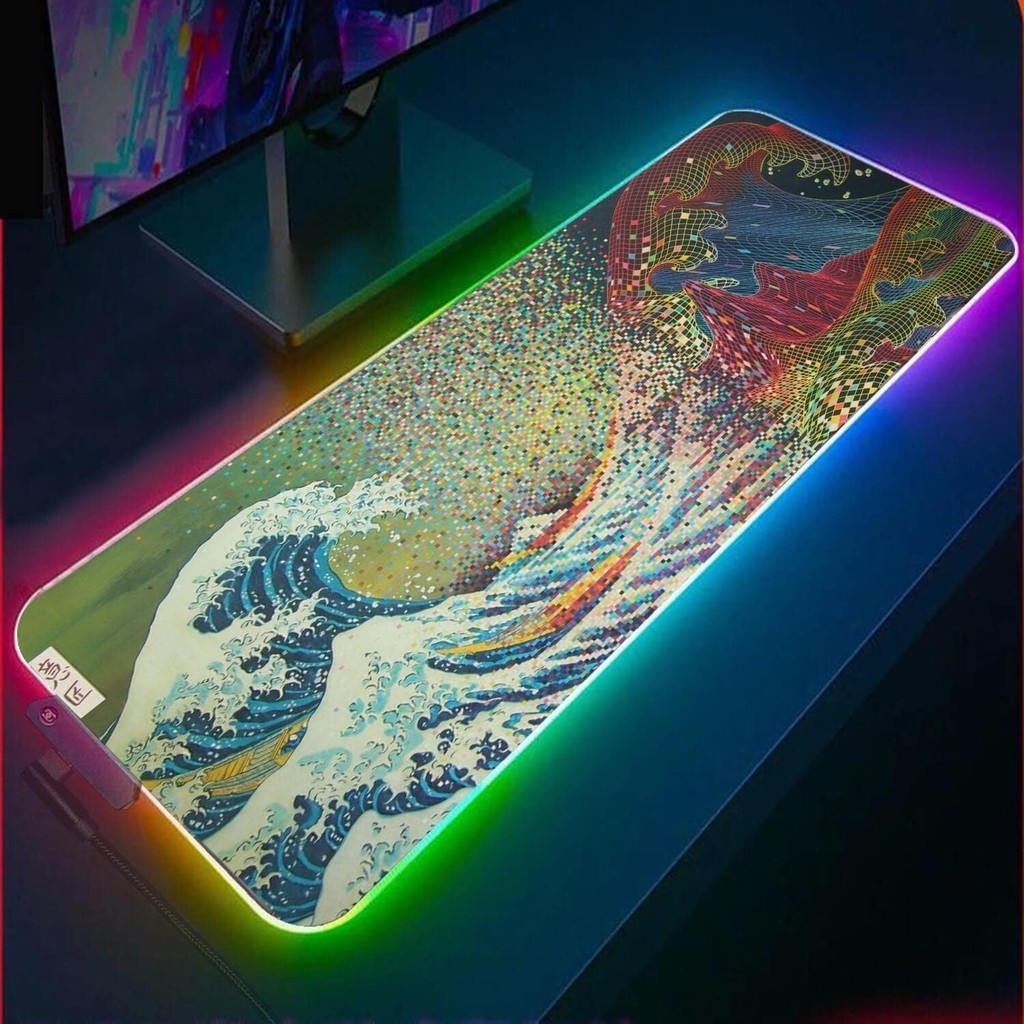 โมเสกญี่ปุ่น Great Wave Gaming Desk Pad,Neon Retrowave RGB Led Light ...