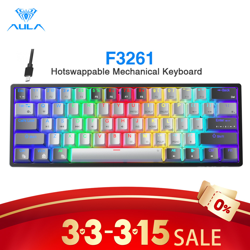 ในสต็อก AULA F3261 61 คีย์คีย์บอร์ดแบบมีสาย RGB Hot Swappable คีย์บอร์ด ...