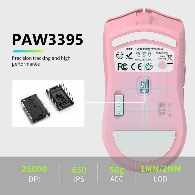 PRO Delux M800 PAW3395 Gaming Mouse DPI MAX 26000 Wired 2.4G Bluetooth Wireless Rechargeable ...