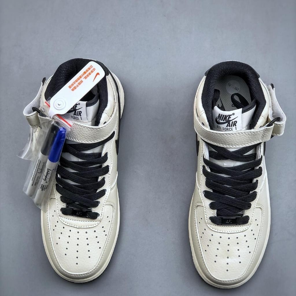 ♞Nike Air Force 107 Mid "Beige/Black" ผ้าใบลำลองทรงสูงส้นแบนสำหรับ ...
