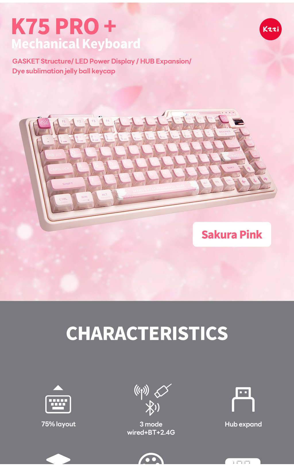 Kzzi Kezhi K75 Pro+ ไร้สายสามโหมดคีย์บอร์ดปะเก็นเกม RGB ผงทอง Fast ...