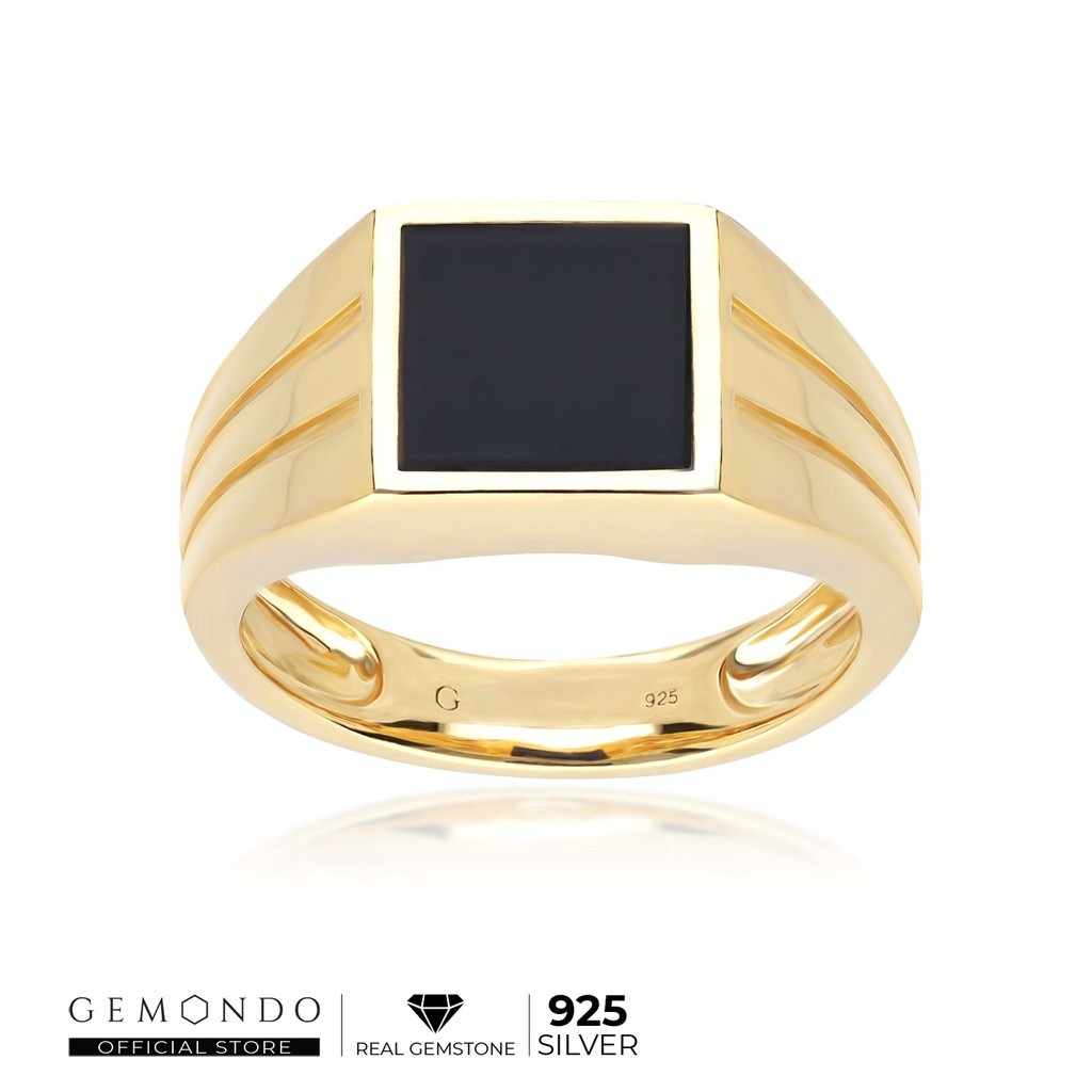 Gemondo แหวนผู้ชายเงินแท้ 925 ชุบทอง 18K ประดับนิลดำ (Black Onyx) ทรงเหลี่ยม สไตล์แหวนซิกเนท ...