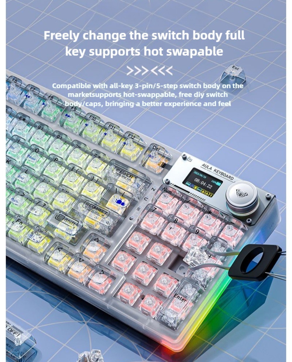 AULA F98 Pro Tri Mode คีย์บอร์ดไร้สายพร้อมจอแสดงผล RGB Hot-Swappable ที่กําหนดเองคีย์บอร์ดเกม ...