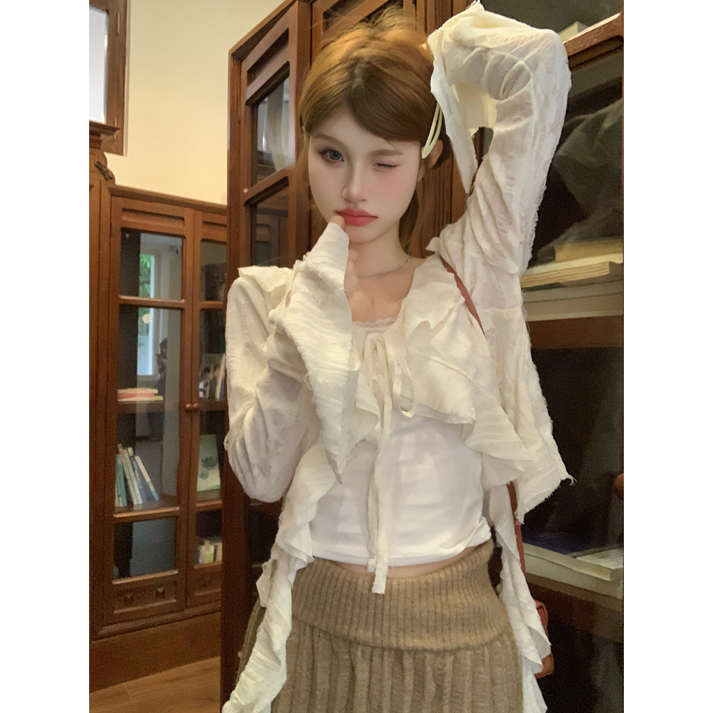 77862 เสื้อเชิ้ตแขนยาวคอวีลูกไม้ผูกเชือกย้อนยุค | Shopee Thailand