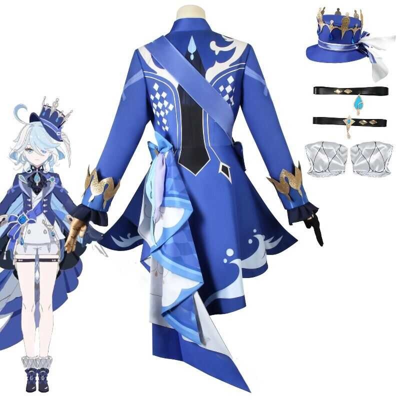 Focalors Cosplay Genshin Impact Fontaine God ชุดชุดเดรสสีฟ้าของความย ...