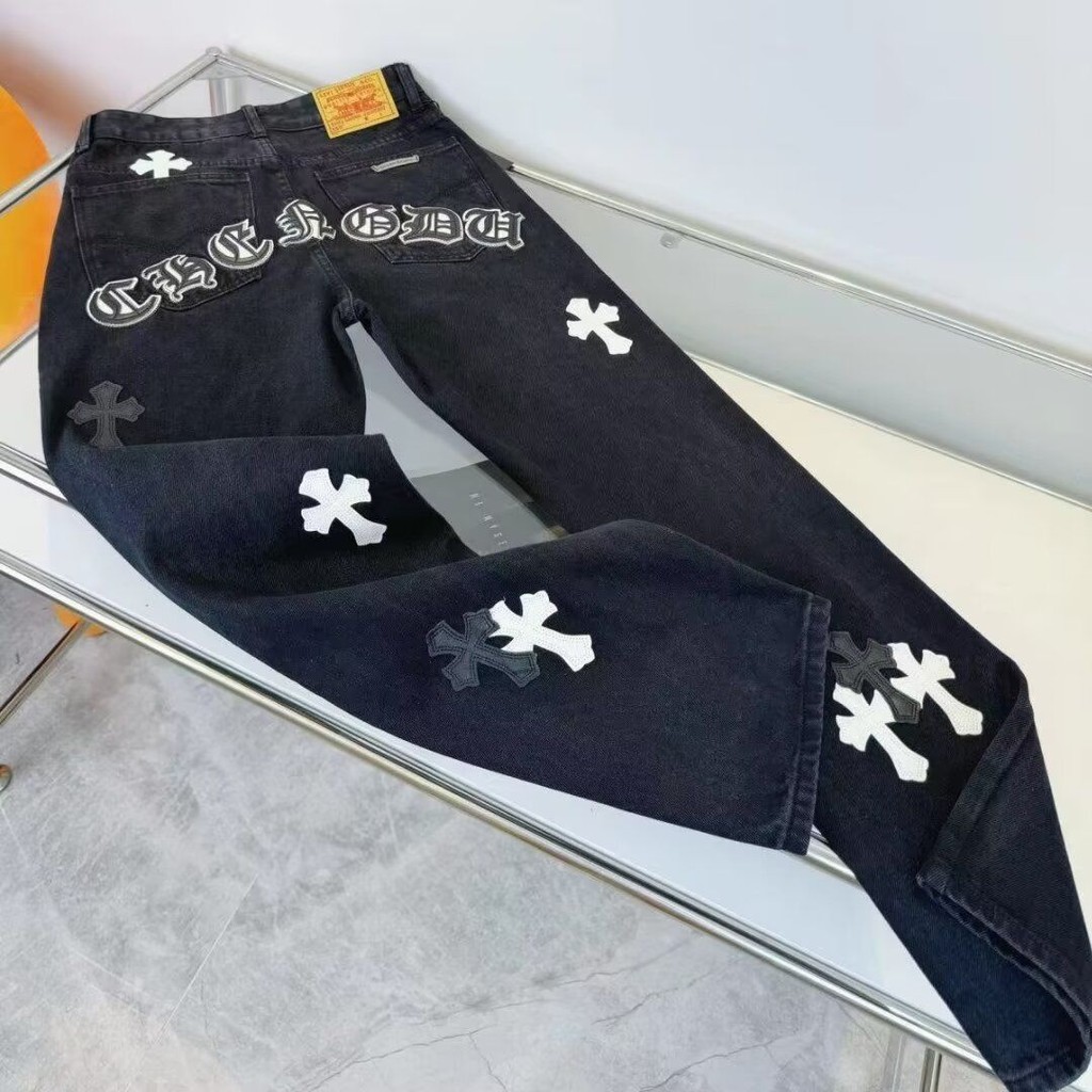 Chrome Hearts High Street หนังสไตล์อเมริกันแบรนด์อินเทรนด์กางเกงยีนส์หลวม CH Cross ตรงล้างผู้ชาย ...
