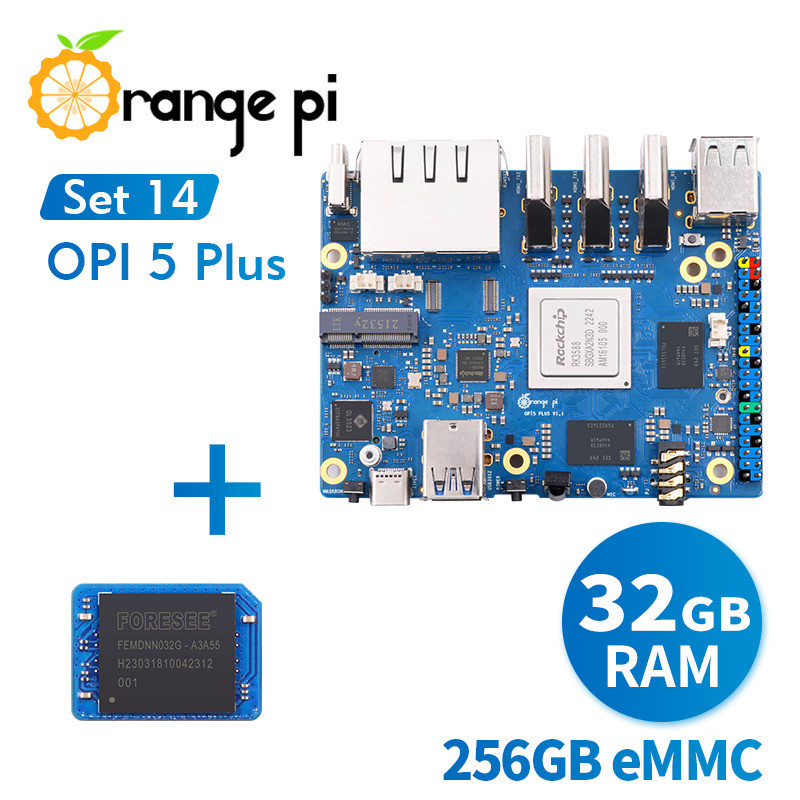 สีส้ม Pi 5 Plus 32GB + 256G EMC โมดูล,DDR4 Rockchip RK3588 Mini PC M.2 ...