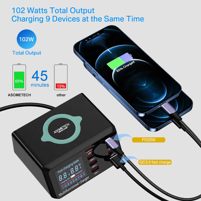 100W ASOMETECH 8พอร์ต USB Staion ไร้สายชาร์จ,จอแสดงผล LED,QC3.0 PD Quick Ch | Shopee Thailand