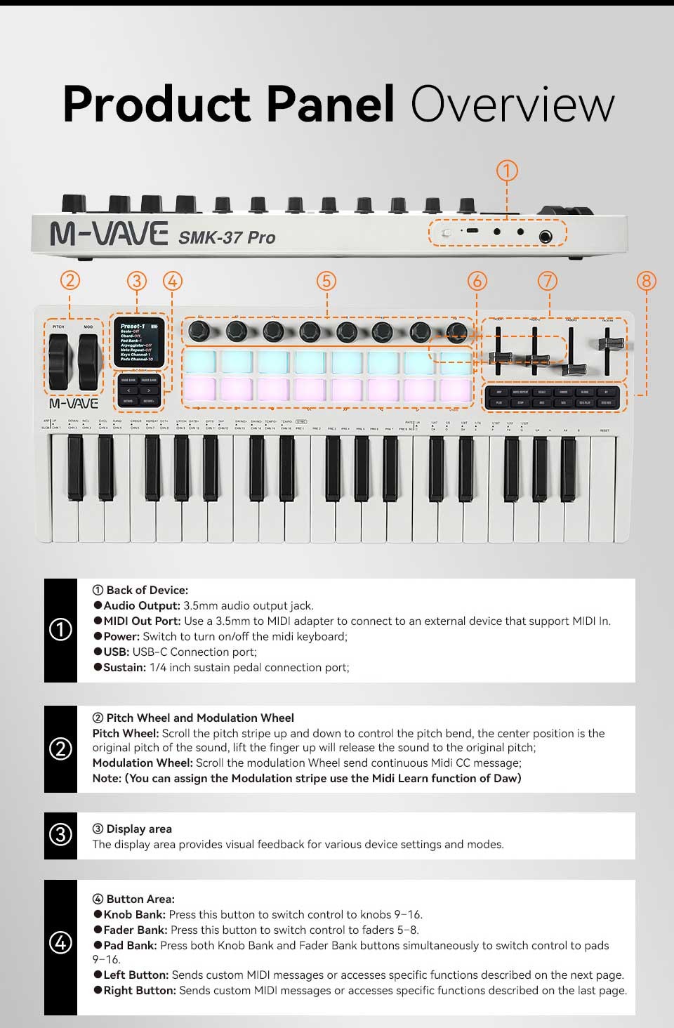 M-VAVE SMK-37 PRO 37 คีย์ MIDI คีย์บอร์ด 16 แผ่น RGB และ 8 ปุ่มรองรับ ...