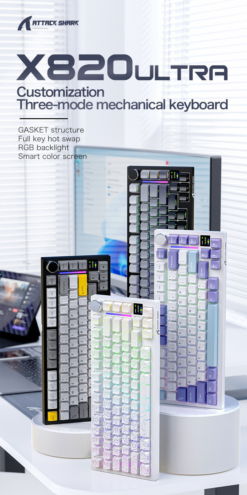 Attack Shark X820Ultra Three Mode RGB Wireless Bluetooth Game with TFT Display Screen and Knob ...