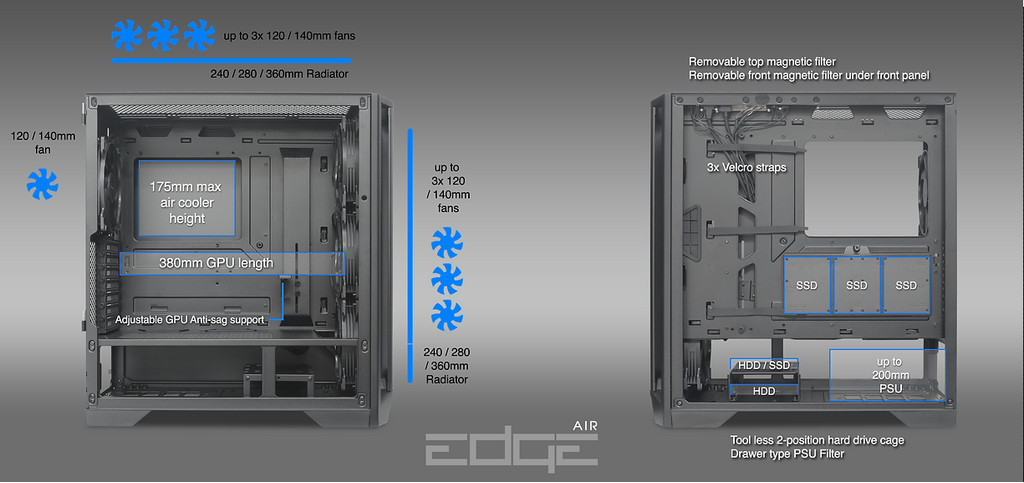 Tecware EDGE AIR TG BLACK ATX PC Casing Chassis Case Non Led No Light ...