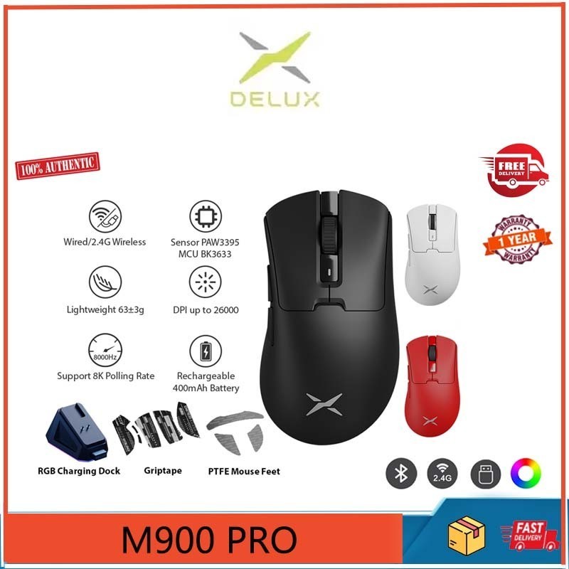 Delux M900 PRO PAW3395 เมาส์สําหรับเล่นเกม DPI MAX 26000 แบบมีสาย 2.4G ...
