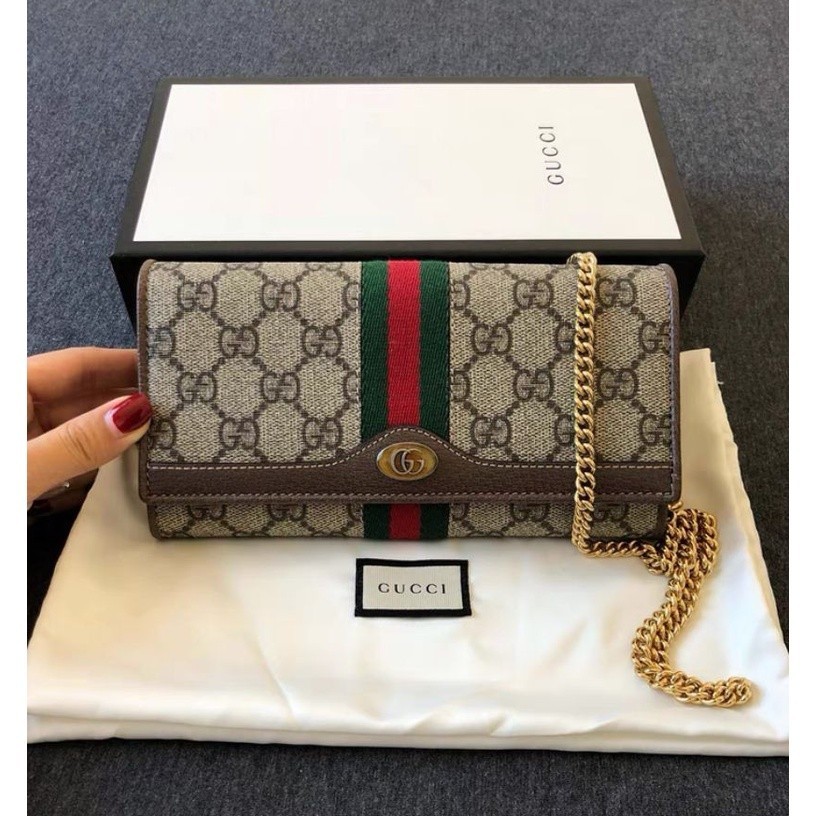GUCCI WOC มือสองสีเขียวสีแดงสีเขียว PVC โซ่ทองหัวเข็มขัดคลิปยาวกระเป๋า ...