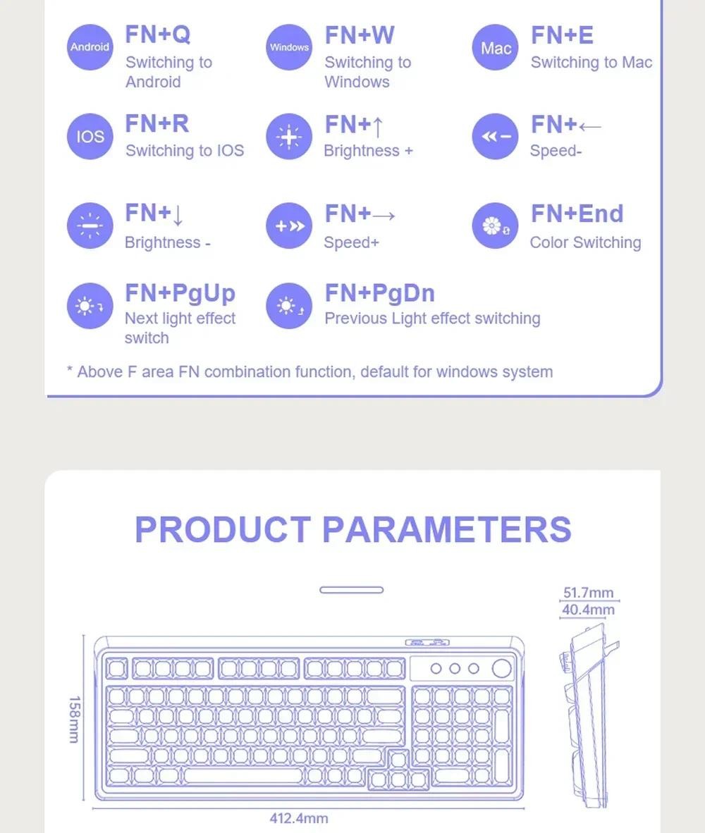 คีย์บอร์ดไร้สายพร้อมหน้าจอ,บลูทูธ/2.4G/USB-C Gaming Keyboard การเชื่อมต่อแบบ Dual-Mode,RGB ...