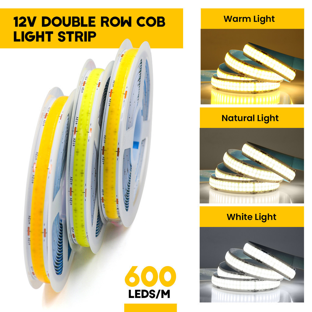 Cob LED Strip Light คู่แถว Super Bright 600 LEDs/m เทปยืดหยุ่น Linear Dimmable RA90 12V 24V สี ...