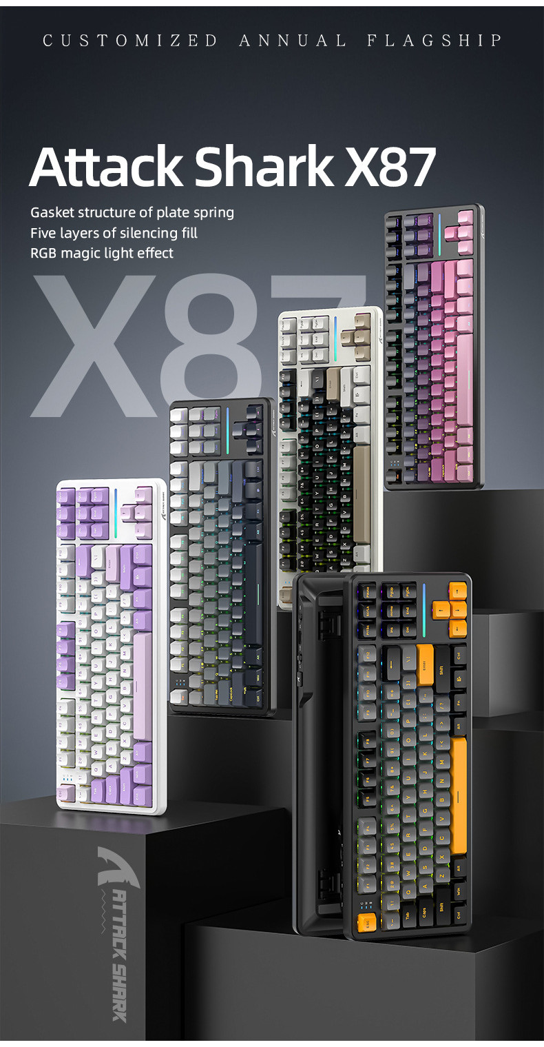 Attack shark x87 คีย์บอร์ดเชิงกลปะเก็นสามโหมด, รูปแบบ ANSI 87 คีย์, ไร้สาย 2.4g/บลูทูธ/USB-C ...