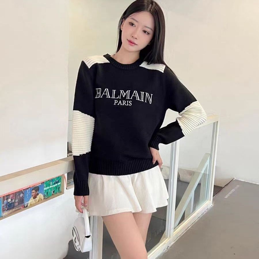 Balmain Letter Jacquard 12 ถักใหม่สบายๆรอบคอ Bottoming เสื้อกันหนาว ...